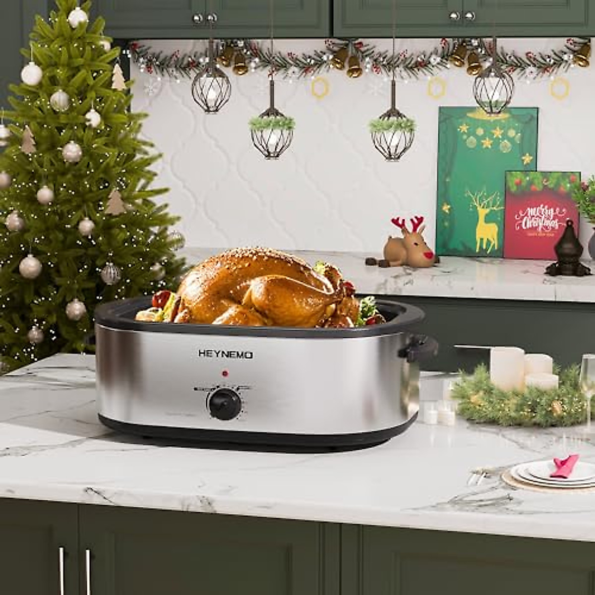 HEYNEMO Turkey Roaster Electric, 24 Quart Oven with Self-Basting Lid, Removable Pan and Rack, Adjustable Temperature Control Powerful 1450W Stainless Steel Oven, Silver