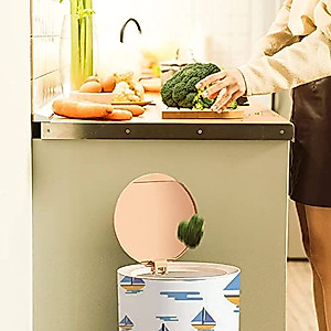 CAKOJV188 Round Trash Can with Press Lid Seamless Sailboat Design for Fabric Small Garbage Can Trash Bin Dog-Proof Trash Can Wooden Legs Waste Bin Wastebasket 7L/1.8 Gallon