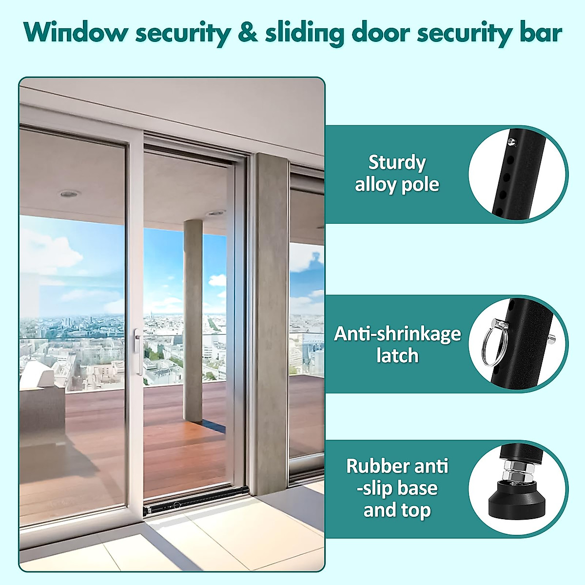 Sliding Door Security Bar, 15.5 to 51 Inch Window Security Bar, Adjustable Security Bar for Balcony Sliding Door,Patio Door Security, Apartment Window Black 2Pcs