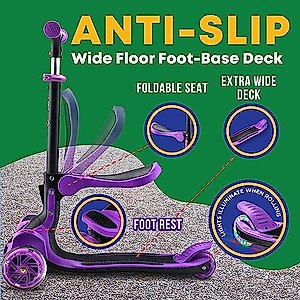 Kids Scooter – Foldable Seat – LED Wheel Lights Illuminate When Rolling – Children and Toddler 3 Wheel Kick Scooter – Adjustable Handlebar – Indoor and Outdoor- Purple - by Lifemaster