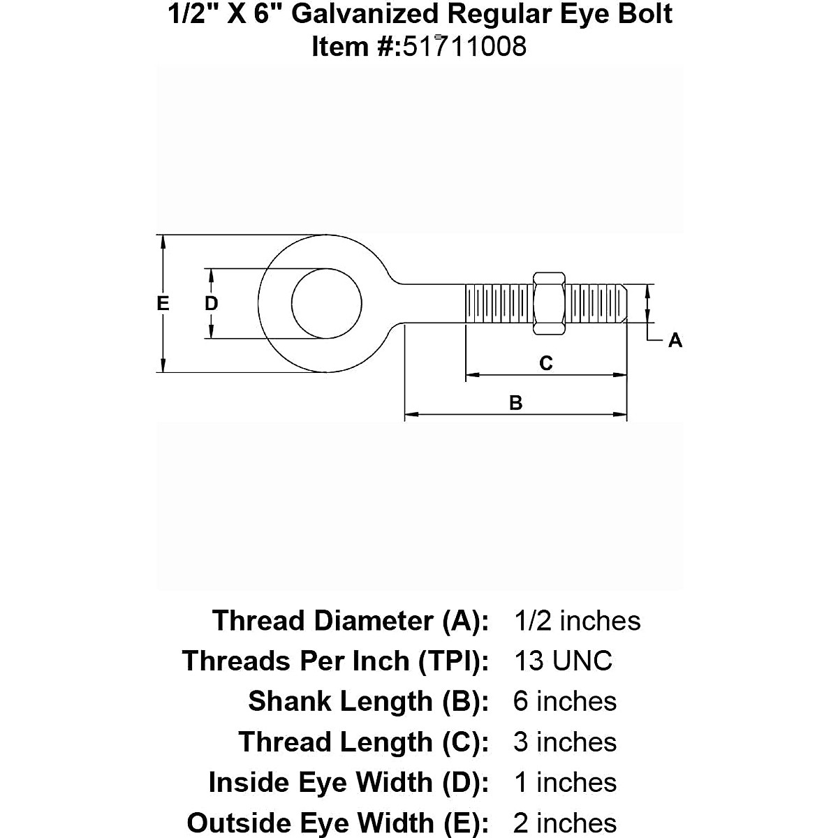 1/2" X 6" Galvanized Regular Eyebolt