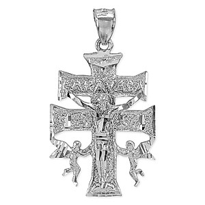 Religious Jewelry by FDJ 925 Sterling Silver Caravaca Double Cross with Angels Crucifix Pendant