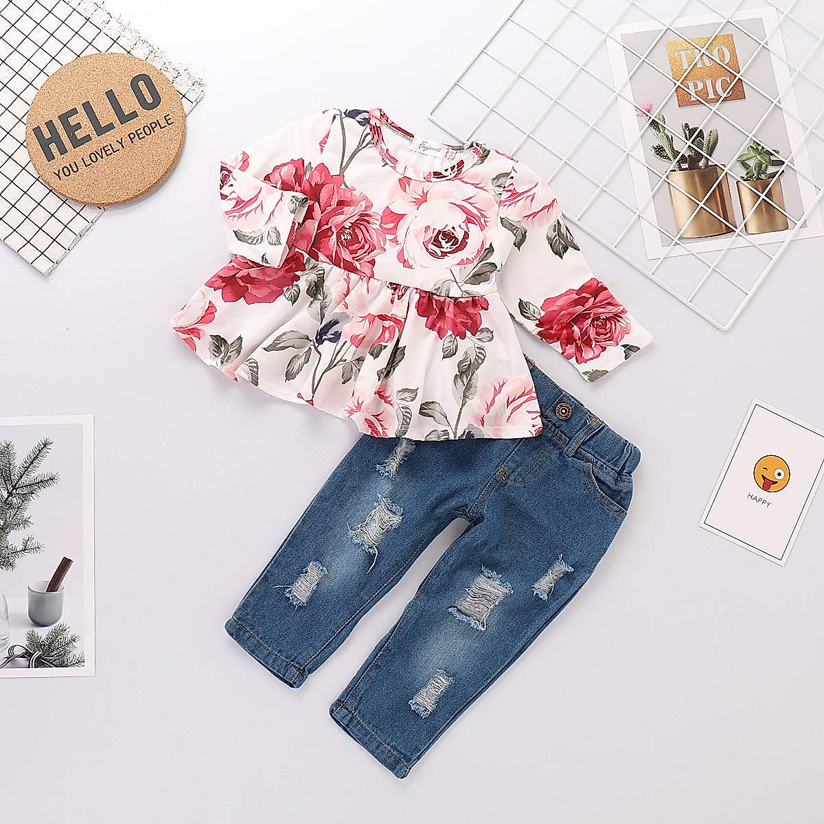CARETOO Baby Girl Clothes Floral Print Long Sleeve Crew Neck Ruffle Top Fashion Ripped Jeans Fall Winter Toddler Girls Outfits