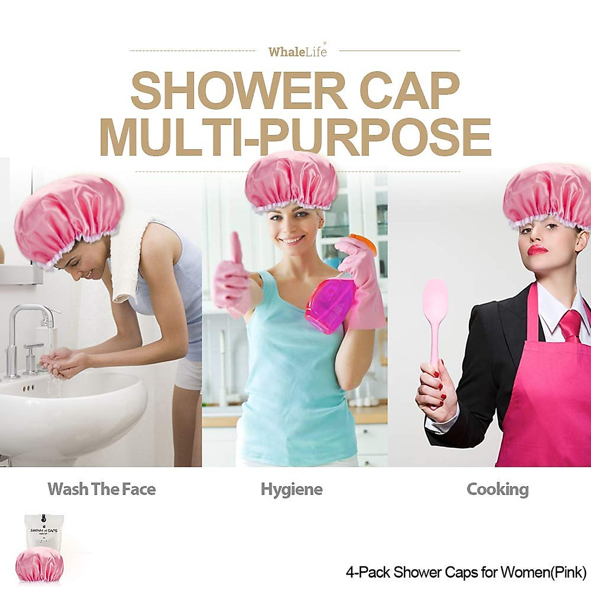 Bath Loofahs Sponge Natural4 Pack (Black) & Shower Cap 4pack (Pink) for Men and Women