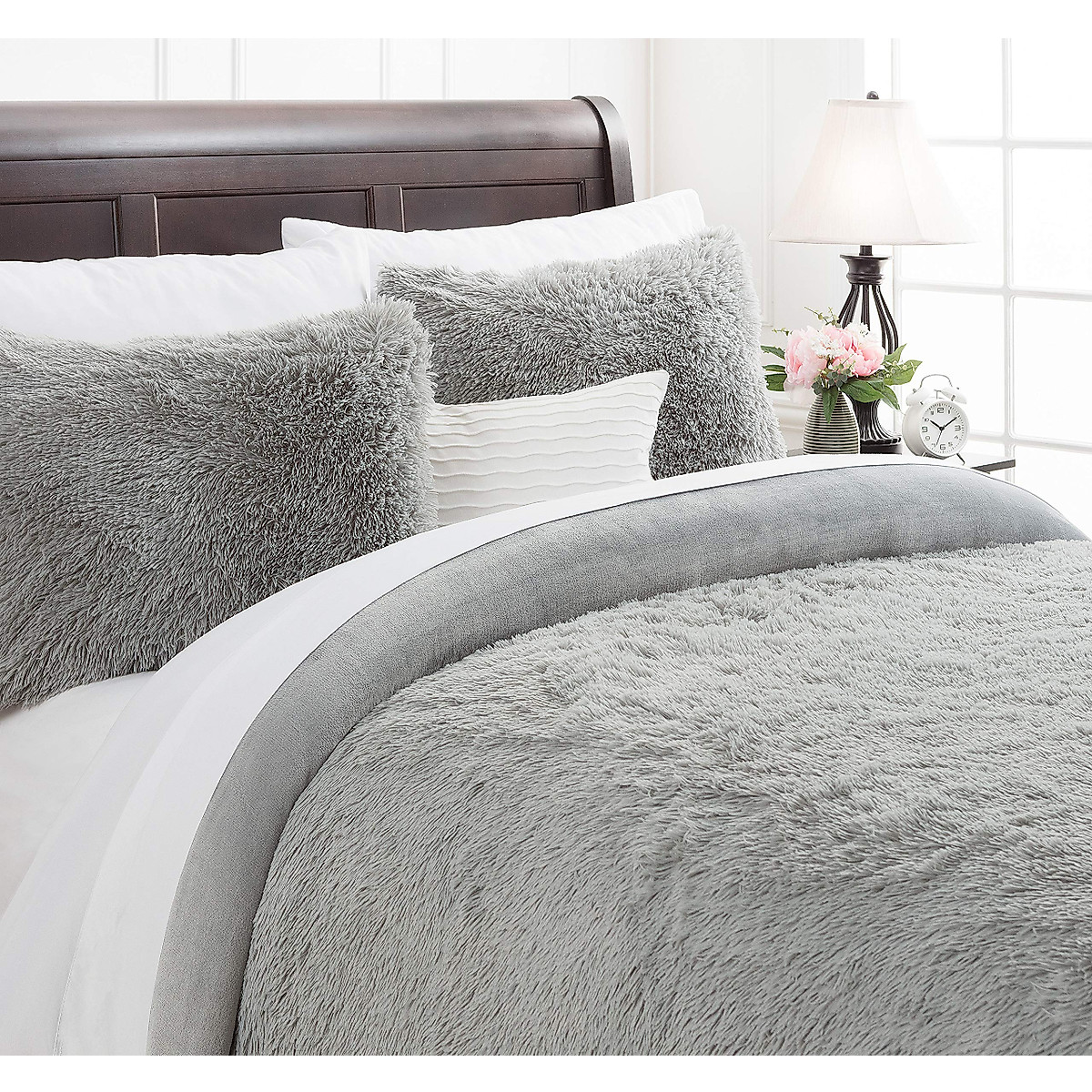 Chanasya Premium Long Fur Duvet Cover Set - Faux Fur & Minky Blanket Duvet Cover (104” x 90”) & 2 Pillow Shams (20” x 36”) - 3-Piece Set, Gray, King