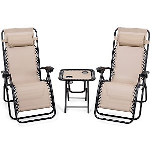 Giantex 3 PCS Zero Gravity Chair Patio Chaise Lounge Chairs Outdoor Yard Pool Recliner Folding Lounge Table Chair Set Backyard Lounge Chairs (Beige)