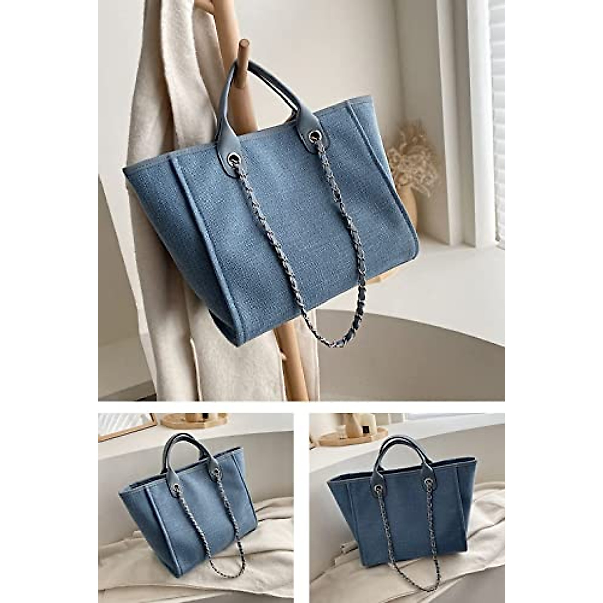 XACKWUERO Women Fashion Classic Canvas Bag Shoulder Handbag Tote Shopper Bag with Chain Shoulder Strap (A Blue)