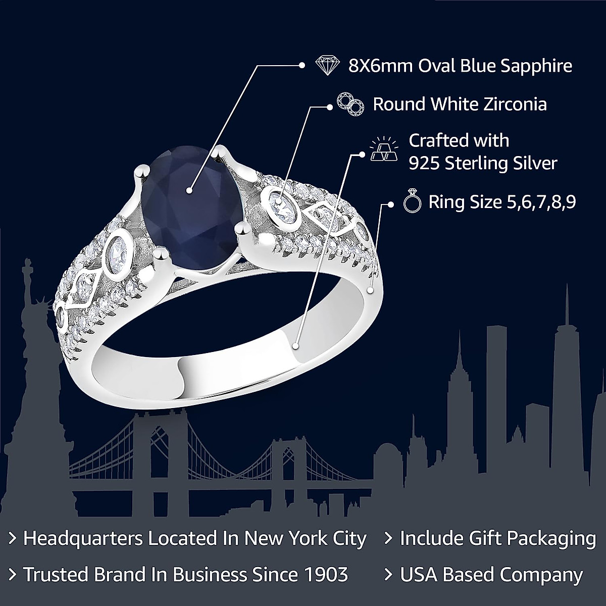 Gem Stone King 925 Sterling Silver Blue Sapphire Engagement Ring For Women (2.35 Cttw, Oval 8X6MM, Gemstone Birthstone, Available In Size 5,6,7,8,9)