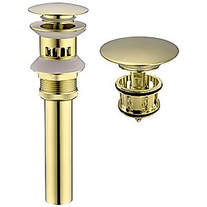 Pop Up Drain with Detachable Basket Stopper, Brass Overflow Bathroom Faucet Sink Drain with Built-in Anti-Clogging Strainer, Brushed Gold