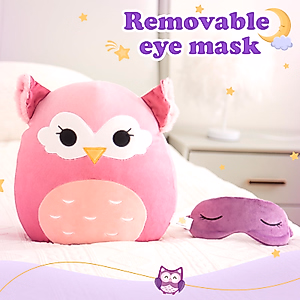 BSTAOFY Cute Owl Soft Plush Pillow with Removable Eye Mask Squishy Owl Stuffed Animal Cushion Hugging Stretchy Nap Pillow Christmas Holiday Valentines Birthday Gifts for Toddlers Kids, 12’’