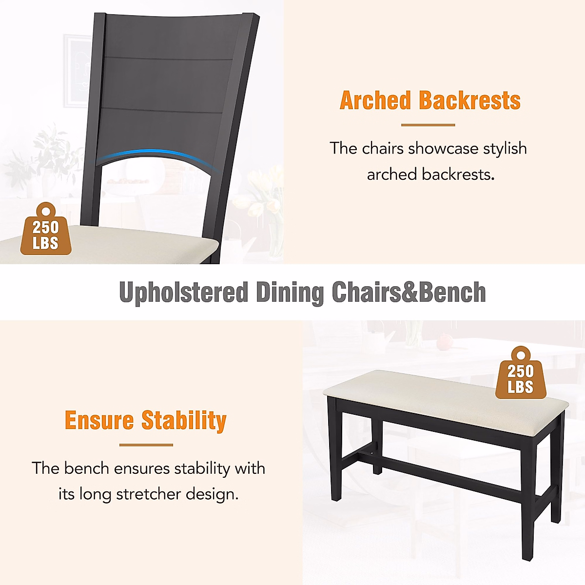 Modern Style 6-Piece Half Round Dining Table Set, Wood Kitchen Table Set with Long Bench and 4 Dining Chairs, Dining Room Table Set for 6 People, Living Room Furniture（Gray）