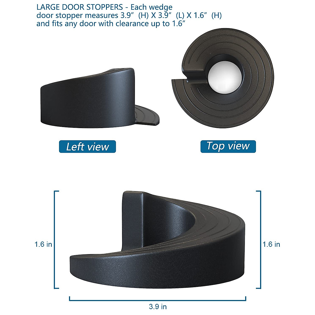 Door Stoppers - Rubber Security Wedge for Bottom of Door on Concrete, Tile, Carpet, Linoleum & Wooden Floor - Spiral Heavy Duty Door Stop - 2 Pack - Black