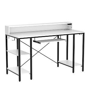 Rolanstar Computer Desk 55 inch with LED Lights & Power Outlets, Gaming Desk with Storage Shelves, Home Office Desk with Keyboard Tray, Writing Desk with Monitor Stand, Study Desk, White