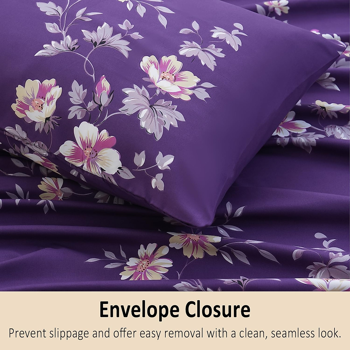 MEISHANG Queen Sheet Set - Floral Sheets Deep Pocket Ultra Soft Brushed Microfiber with Up to 16" Mattresses - Wrinkle Free - 4 Pieces(Queen,Purple Floral)