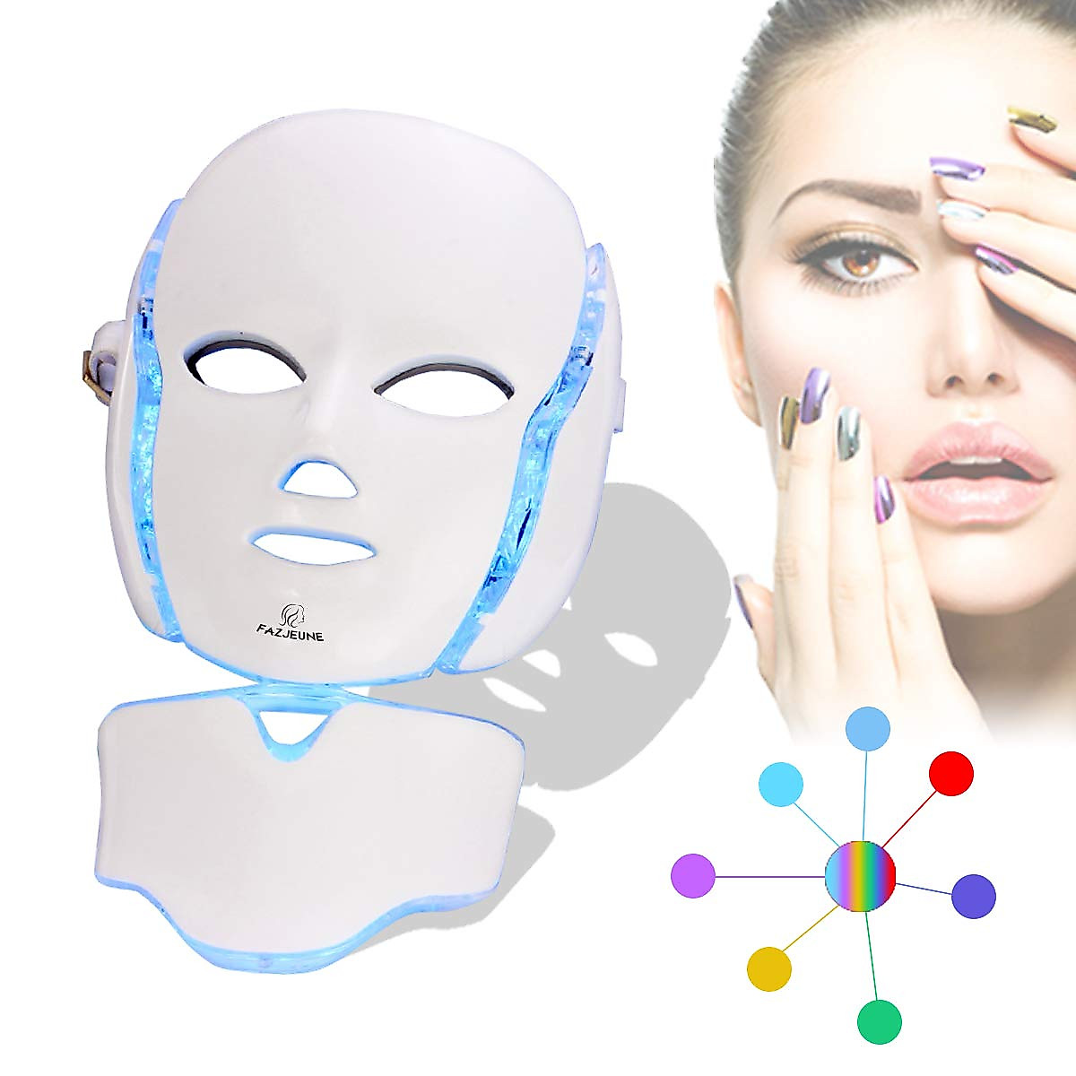 FAZJEUNE 7 Color LED Mask, Facial Mask LED 7 Color Face Skin Care Mask Portable SPA Facial LED Mask with Neck, White
