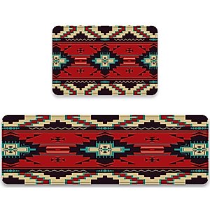 Rustic Southwestern Native American Kitchen Rug Sets 2 Piece with Runner Aztec Tribal Abstract Geometric Navajo Ethnic Vintage Kitchen Rugs and Mats Washable Bath Mat Non Slip Bedroom Area Carpet