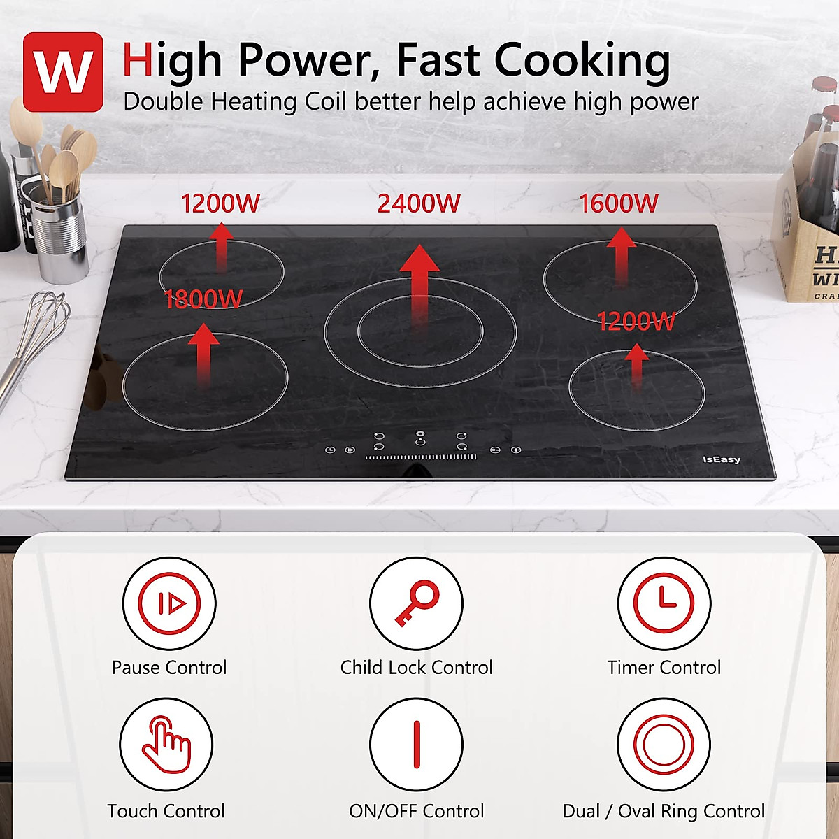 Electric Cooktop Ceramic Stove 5 Burners 30 inch Built-in Countertop Burners Cooker Satin Glass in Black Touch Sensor Control,Timer,Child Safety Lock,9 Power Levels,220-240V