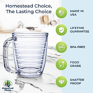 Clear Coffee Mugs set of 4, Unbreakable, Microwave, Freezer, Top-Rack Dishwasher Safe, 12 oz Plastic Tumblers w/ Handle, Mocha Latte Tea & Water Clear Drinking Cups look like Glass Made in USA