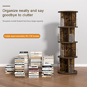 VECELO 4 Tier Revolving Bookshelf Tower, 360° Display Floor Standing Storage Rack with Acrylic Visible Window Partition for Bedroom, Living Room Home and Office, Brown