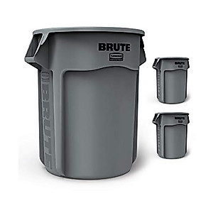 Rubbermaid Commercial Products BRUTE Heavy-Duty Trash/Garbage Can, 55-Gallon, Gray, Wastebasket for Home/Garage/Bathroom/Outdoor/Driveway, Pack of 3