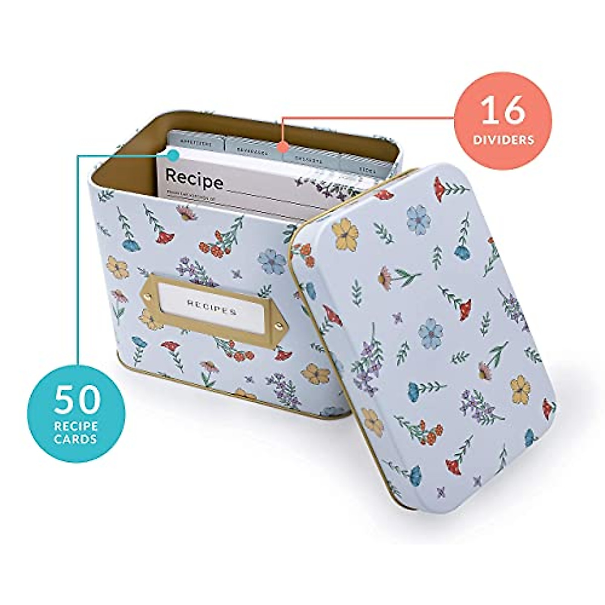 poiet Tin Recipe Box with Cards and Dividers, Includes 50 4x6 Recipe Cards, 16 Dividers (Wildflower)