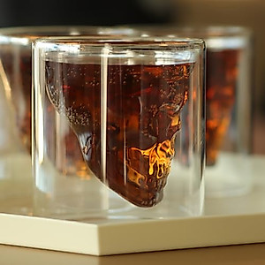 Transparent Skull Double Walled Drinking Glass - Insulated Double Walled Cup for Cocktail, Beer, Whiskey, Bourbon, Vodka, and Scotch Borosilicate Glassware - Keeps Drinks Cold & Hot - Macabre Design