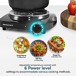 Elite Gourmet ESB301C Countertop Single Coiled Burner, 1100 Watts Electric Hot Plate, Temperature Controls, Power Indicator Lights, Easy to Clean, Black