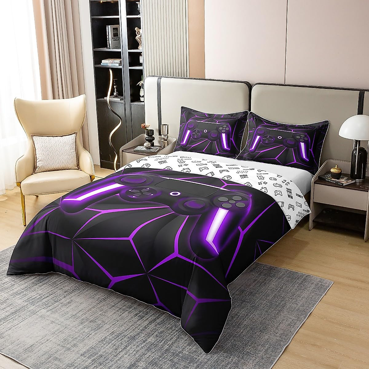 Erosebridal Gaming 100% Cotton Duvet Cover for Boys Girls Game Console Bedding Set Kids 3D Gaming Geometric Reversible Comforter Cover Gamer Gamepad Console Bed Sets with 1 Pillowcase Twin,Purple