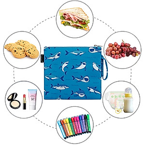 Reusable Sandwich Bag/Snack Bag for Kids & Adults, Dual Layer Lunch Bag with Handle, Washable, Food Safe, BPA Free (1-Pack, Shark)
