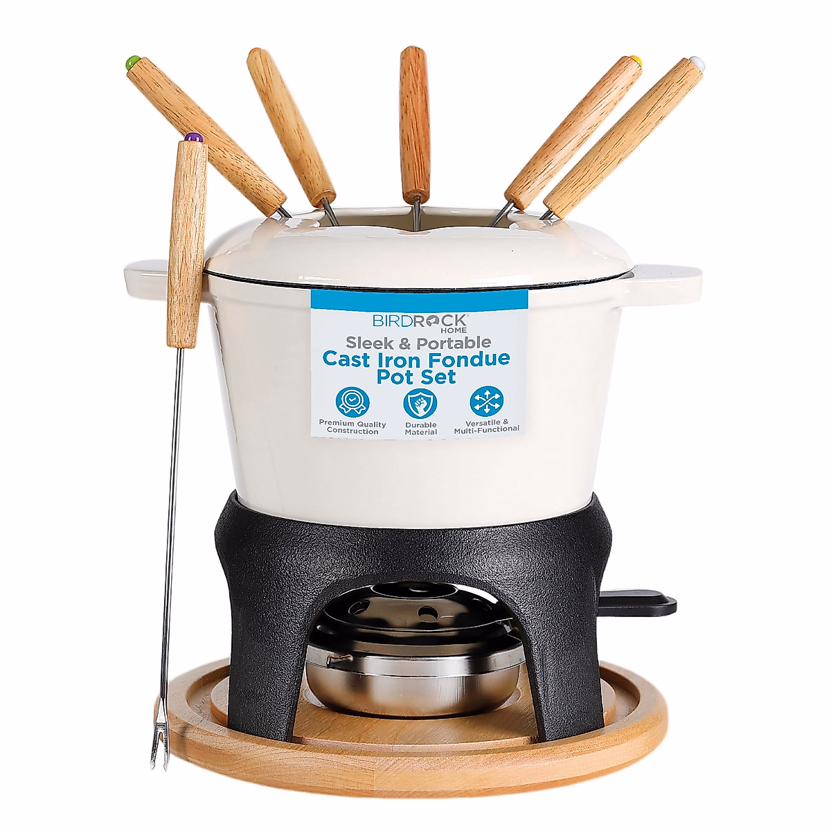 BIRDROCK HOME Cast Iron Fondue Pot Set | 8 Fondue Forks, Chrome Safety Burner | Chocolate, Cheese, Melting, Dip Warmer, Mini Fountain, Covered Strawberries | Wedding Gifts, Hosting Essentials | Cream