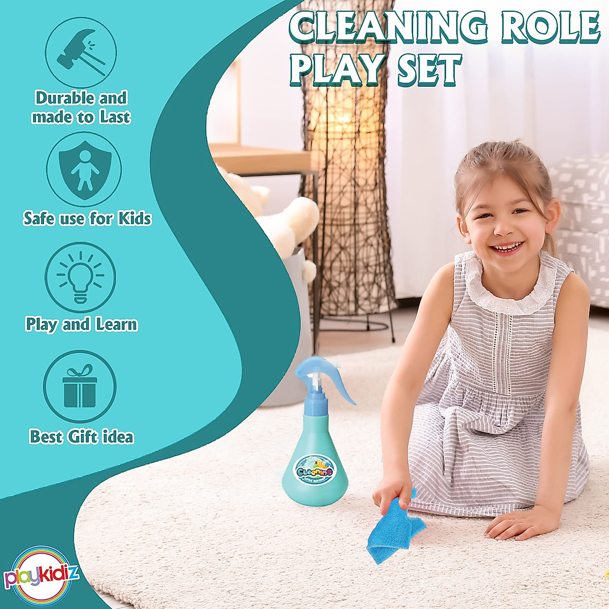 Playkidiz Kids Cleaning Set for Toddlers, Toy Broom & Mop Cleaning Accessory Set, Pretend Play Toys for Boys & Girls Ages 3+