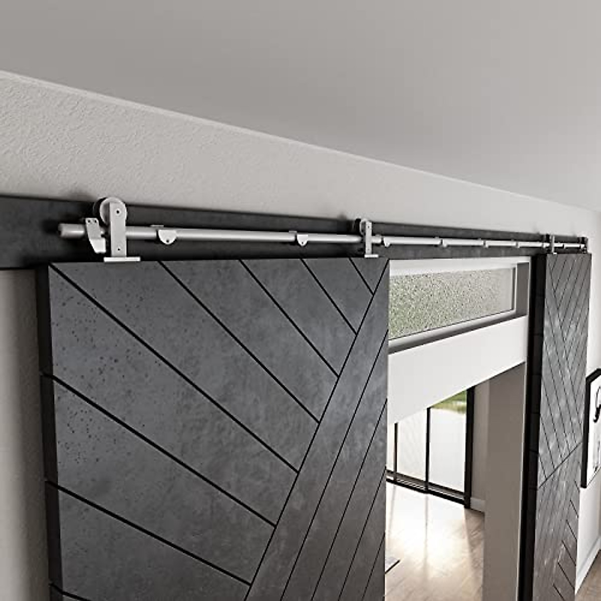 SMARTSTANDARD 12 Feet Top Mount Double Sliding Hardware Kit-Stainless Steel Heavy Duty Sturdy Barn Track-Simple and Easy to Install-Fit 36“ Wide Door Panel (T Shape Hanger)