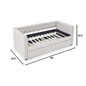 Daybed with Trundle, Upgraded Linen Upholstered Twin Size Day Bed Button-Tufted Sofa Daybed Frame with A Trundle, No Box Spring Needed, Furniture for Bedroom Living Room Guest Room (Beige, Twin)