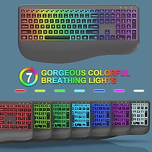 Wireless Keyboard and Mouse Combo with 7 Colors Backlit, Wrist Rest, 2.4G Rechargeable Ergonomic Full Size Light Up Wireless Keyboard and Mouse Set for Computer, PC, Mac, Laptop, Chromebook (Grey)