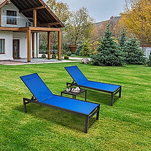 LYMJARD Patio Chaise Lounge 3 Pcs Aluminum Lounge Chair Sets Outdoor 5 Position Adjustable, All Weather for Pool Beach Patio Backyard Lawn and Garden,Side Table Included (Blue Textilene)