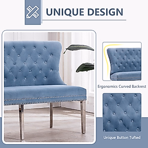 LOULENS 65'' Upholstered Velvet Settee Bench 3 Seater, Modern Tufted Banquette Bench with Back, Accent Loveseat Sofa with Stainless Steel Leg for Dining, Living Room (Blue)
