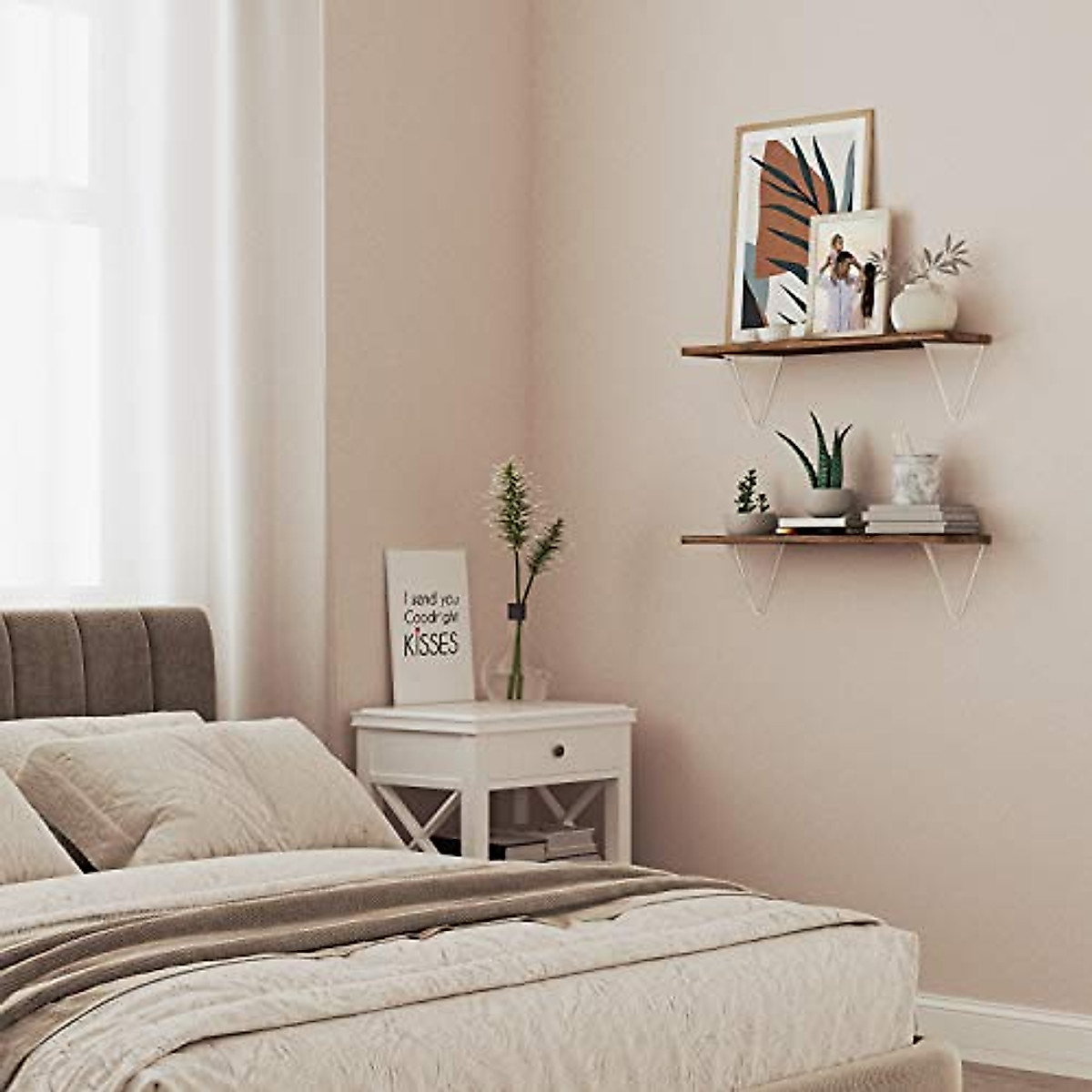 Wallniture Colmar Floating Shelves for Wall Decor, Bathroom Shelves, Kitchen Organization Wall Shelves for Bedroom, 24" Wall Shelf Set of 2 with Triangle White Brackets