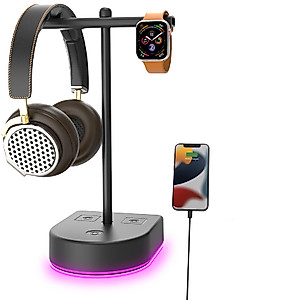 BGMUTCX RGB Dual Headphone Stand with USB Charging Port, Desk Gaming Double Headset Holder，Durable Hanger Rack-Suitable for Desktop Table, Game, DJ, Earphone, PC, PS4, PS5, Xbox Gamer Accessories