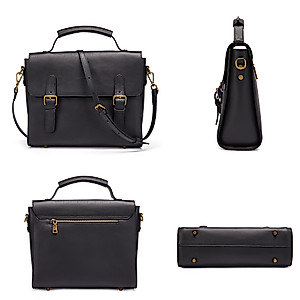 Vintage Leather Messenger Bag For Women Top Handle Shoulder Handbags Fit A4 Paper (Black)