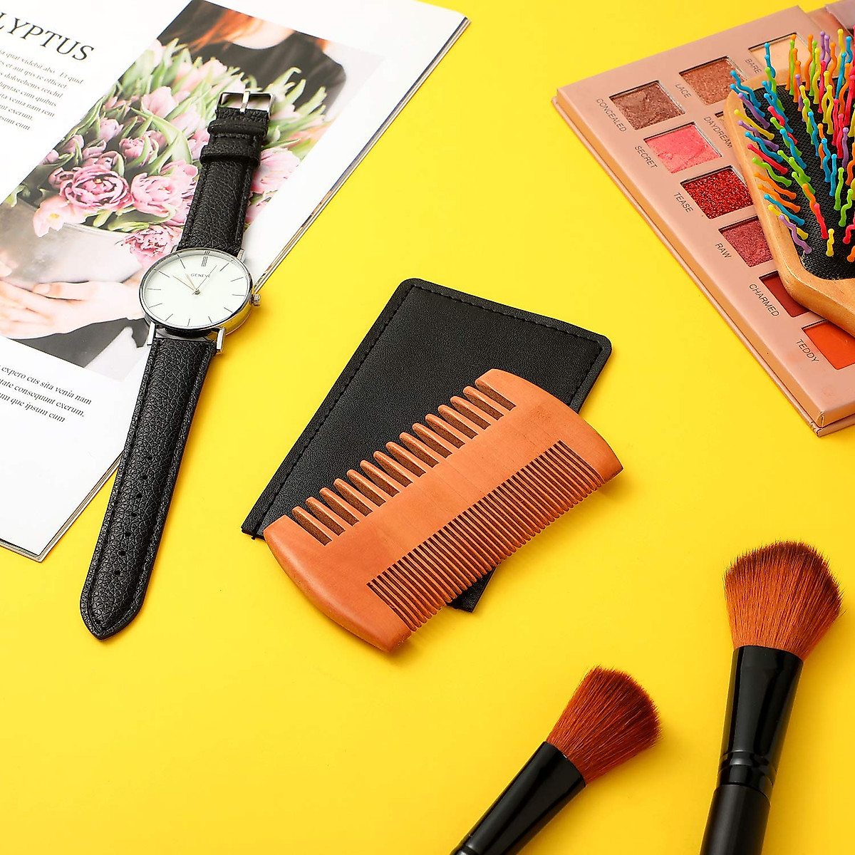 3 Pieces Beard Comb Natural Sandalwood Wooden Mustaches Combs Dual Action Teeth Beard Comb with 3 Pieces Pocket Faux Leather Case for Beards Mustaches (Yellow)