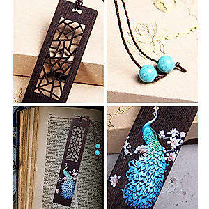 KAIY Handmade Wooden Bookmark Gift Box, Natural Hard Wood Bookmark Peacock Hollowed Out Pattern Color Drawing Bookmark with Tassel, Birthday Gifts for Women Men Teachers Girls Mom Lady Book Lover