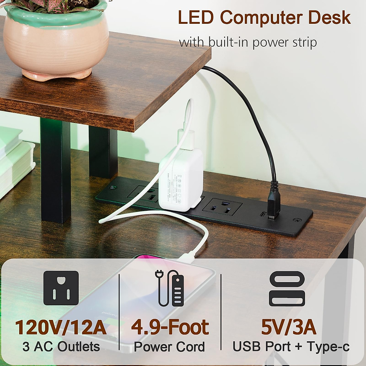 LOAKEKEL 55 Inch Desk with Drawers, Gaming Desk with LED Light & Power Outlets, Computer Desk with Monitor Stand, Writing Desk with Headphone Hook for Home Office, Bedroom, Brown, HGD14BR