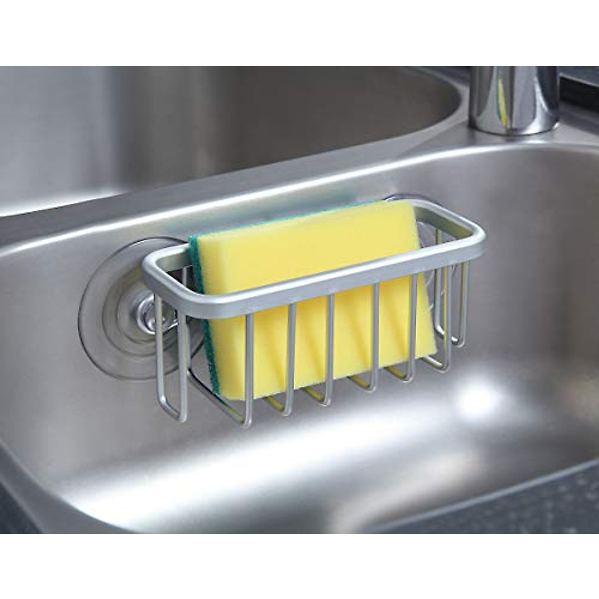 SunnyPoint NeverRust Kitchen Sink Suction Holder for Sponges, Scrubbers, Soap, Kitchen, Bathroom, 6"L x 2.36" W x 2.56"H , Aluminum (Mat Silver, Set of 1)