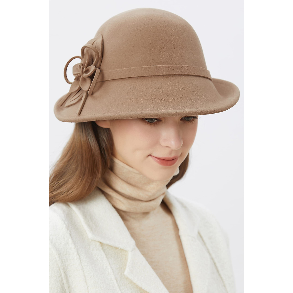 BABEYOND Womens 1920s Bucket Hat Winter Wool Crushable Bowler Hat Vintage Cloche Round Hat with Floral Accent (Camel)