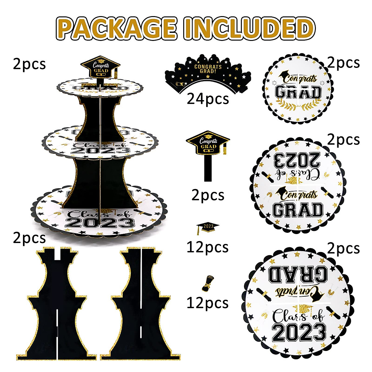 2-Set Class of 2023 Black Gold 3-Tiered Graduation Round Cardboard Cupcake Stands 24 Cake Inserts and 24 Cake Borders for Grad Themed Party Decor Graduation Dessert Favors Supplies (Black Gold)