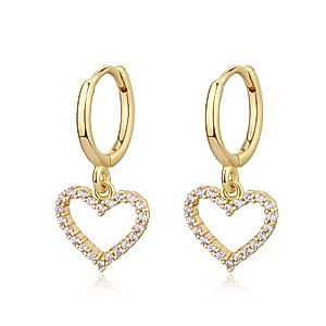 Gold Mini Dangle Huggie Earrings for Women, Dainty 14K Gold Plated Cubic Zirconia Small Hoop Earrings with Charm Drop, Jewelry Gift for Women Ladies (Hollow Heart CZ)