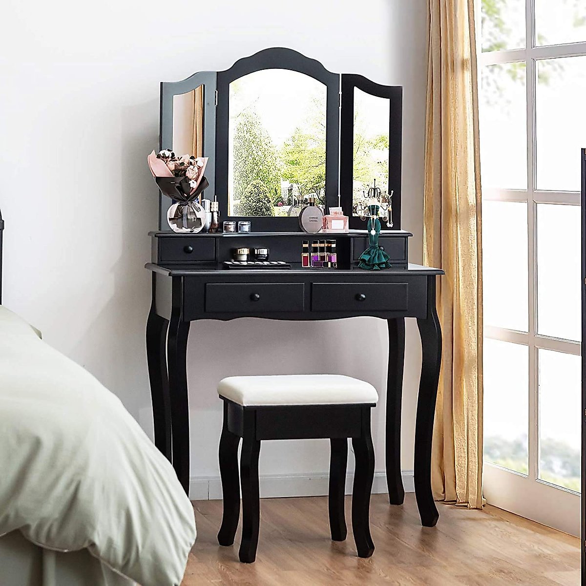 RIVALLYCOOL 2-in-1 Vanity Table Set, Multipurpose Dressing Desk Set with 4 Drawers Tri-Folding Mirror, Cushioned Stool, Wood Table with with Modern Shape, Bedroom Bathroom Makeup Table (Black)