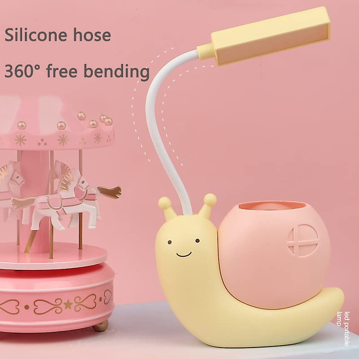 Cute Kids Lamp with Pen Holder,LED Desk Lamp for Child,Snail Shape USB Charging Student Learning Eye Protection Lamp with 360° Bendable Adjustable Neck Yellow
