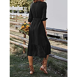 OYOANGLE Women's Swiss Dot Lace Fake Button 3/4 Lantern Sleeve Ruffle Hem V Neck A Line Flowy Midi Dress Black M