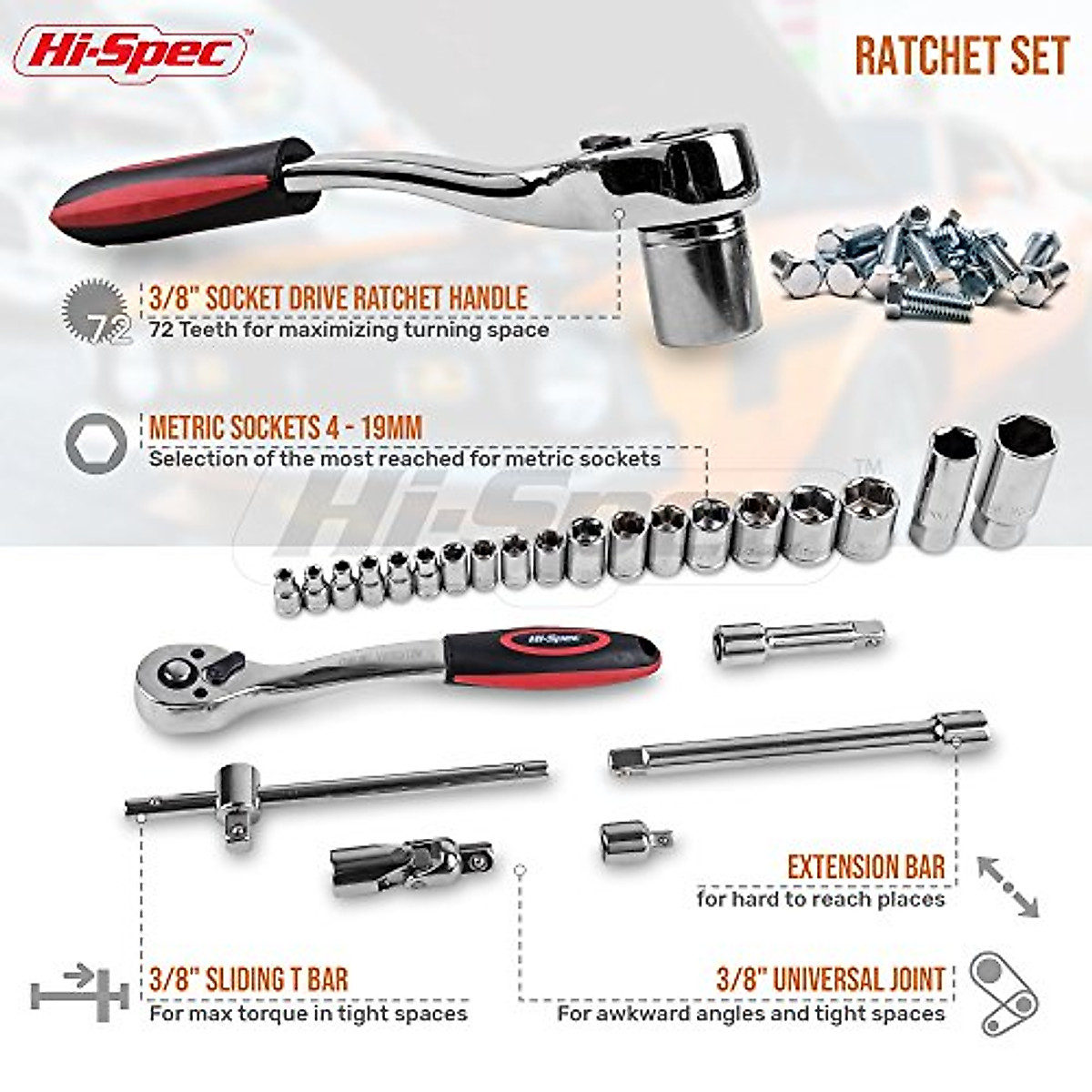 Hi-Spec Tools 67Pc Metric Auto Mechanic Tool Set, Motorcycle & Car Tool Kit, Auto Repair Tool Set with Pliers, Screwdriver Set, Socket Kit & Tool Box Storage Case for Cars, Trucks, Boats RVs & Jeeps.